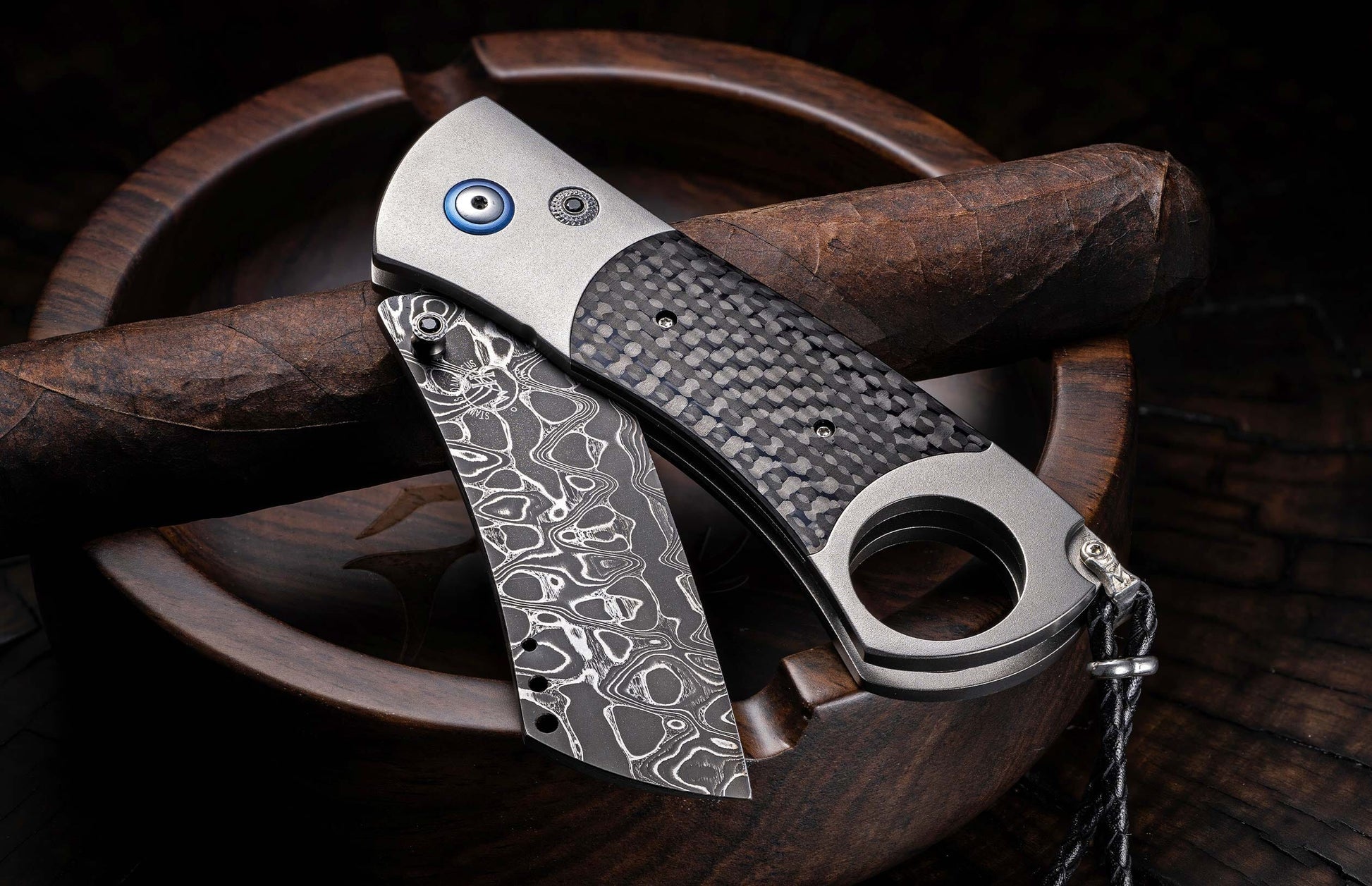 'Techno' CG1 Titanium Cigar Cutter with Carbon Fiber and Damascus Blad - Clint Orms Engravers ...